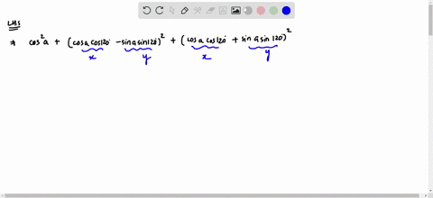 SOLVED:cos^2 a+cos^2(a+120^∘)+cos^2(a-120^∘)=(3)/(2)