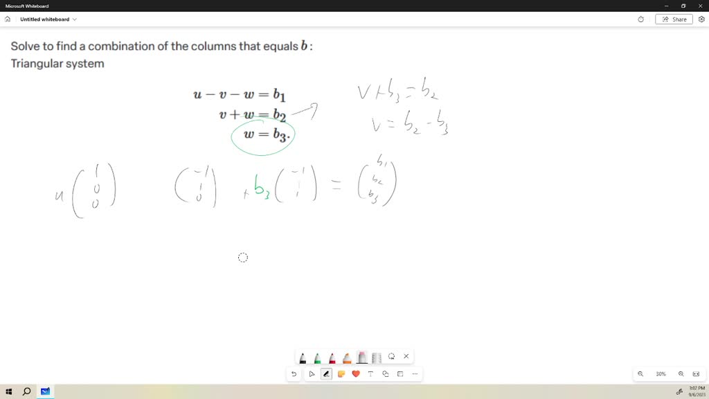 SOLVED:Solve to find a combination of the columns that equals b : Triangular system u-v-w =b1 v ...