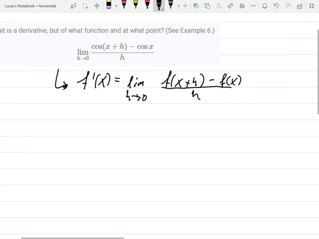 SOLVED:The given limit is a derivative, but of what function and at ...