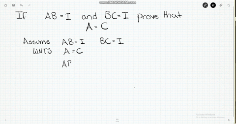 ⏩SOLVED:If A B=I and B C=I, use the associative law to prove A=C. | Numerade