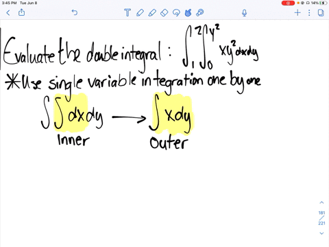SOLVED:Evaluate the double integrals.∫0^1 ∫x^2^x 2 x y d y d x