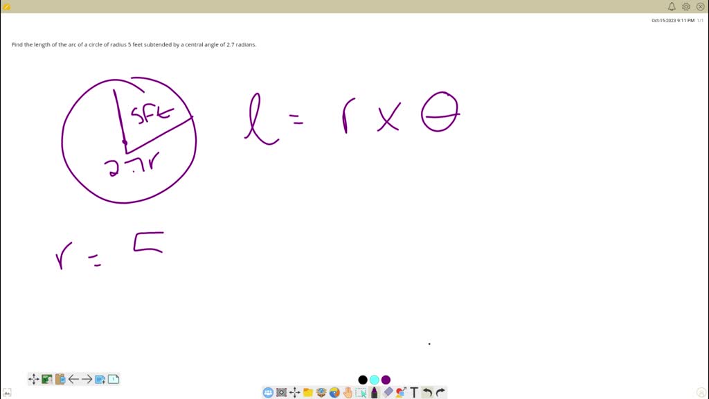 Find the length of the arc of a circle of radius 5 feet subtended by a ...