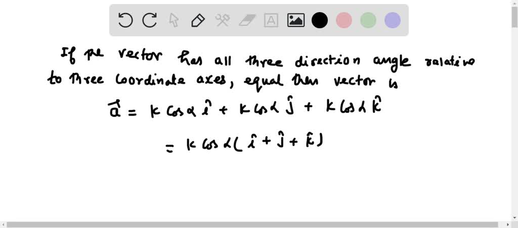 SOLVED:A vector in R^3 makes equal angles with the coordinate axes. Determine the size of each ...