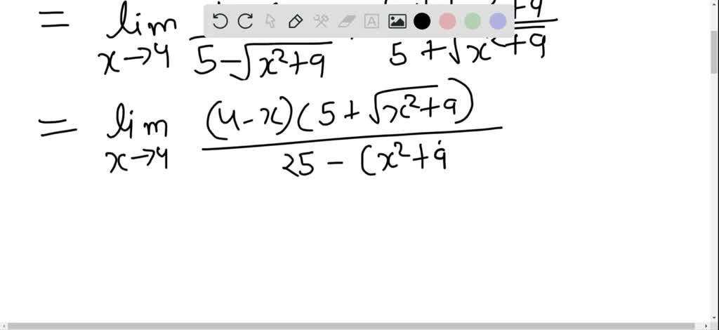 SOLVED:Limits of quotients Find the limits. limx →4 (4-x)/(5-√(x^2+9))