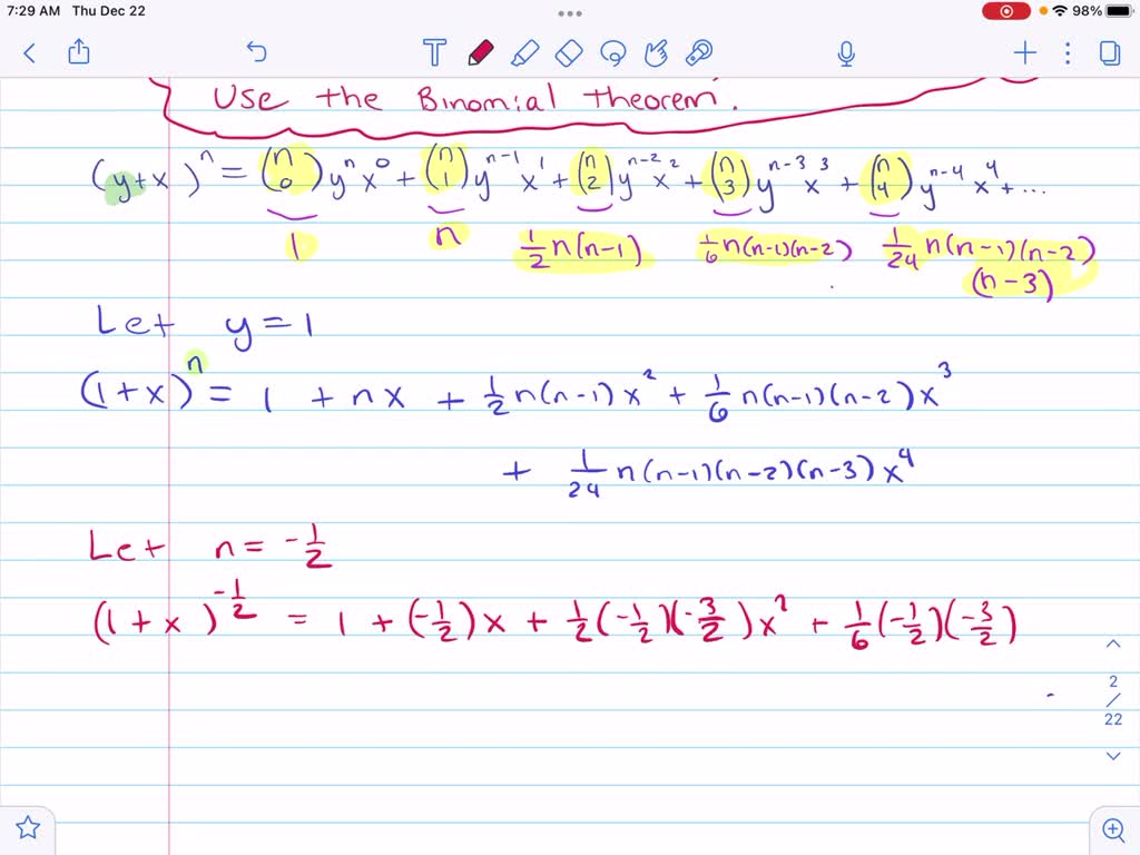 SOLVED:Use the Binomial Theorem to find the first five terms of the Maclaurin series. 26. f(x ...