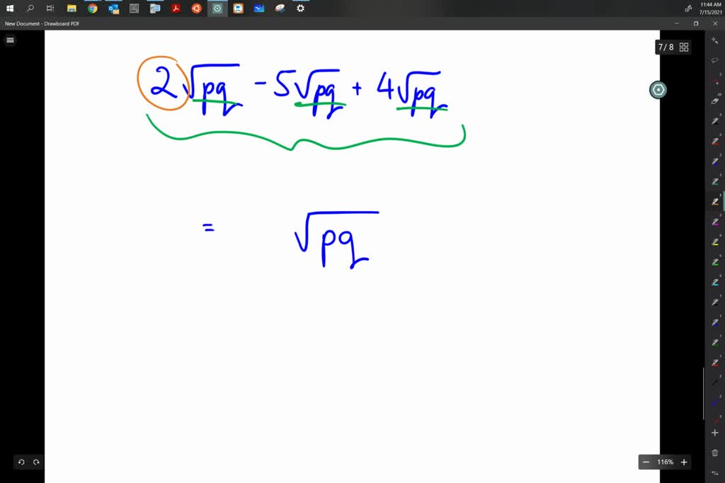SOLVED:In the following exercises, simplify. 2 √(p q)-5 √(p q)+4 √(p q)