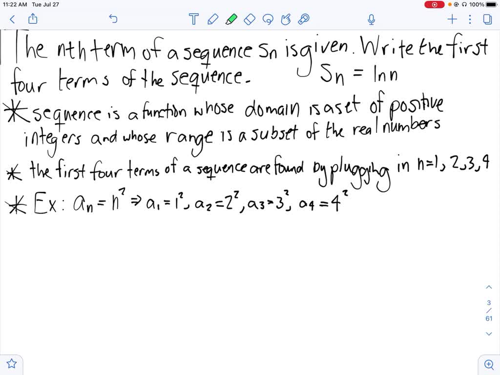 SOLVED:The nth term of a sequence {sn} is given. Write the first four terms of each sequence. sn=lnn