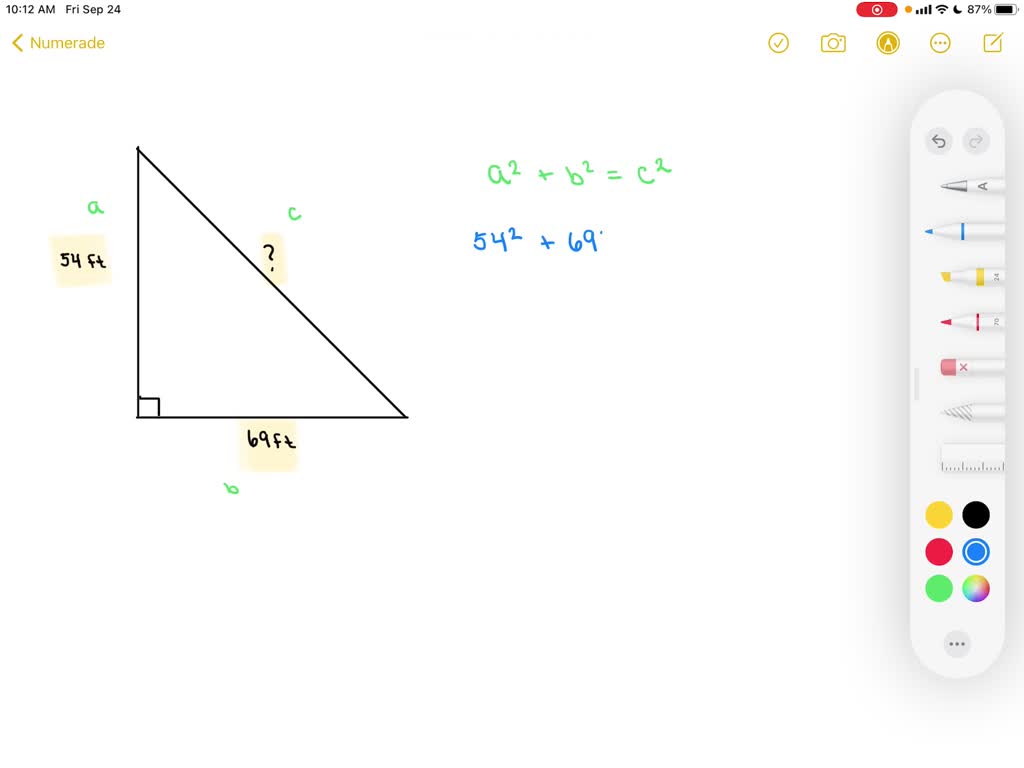 SOLVED:The legs of a right triangle have lengths 54 feet and 69 feet ...