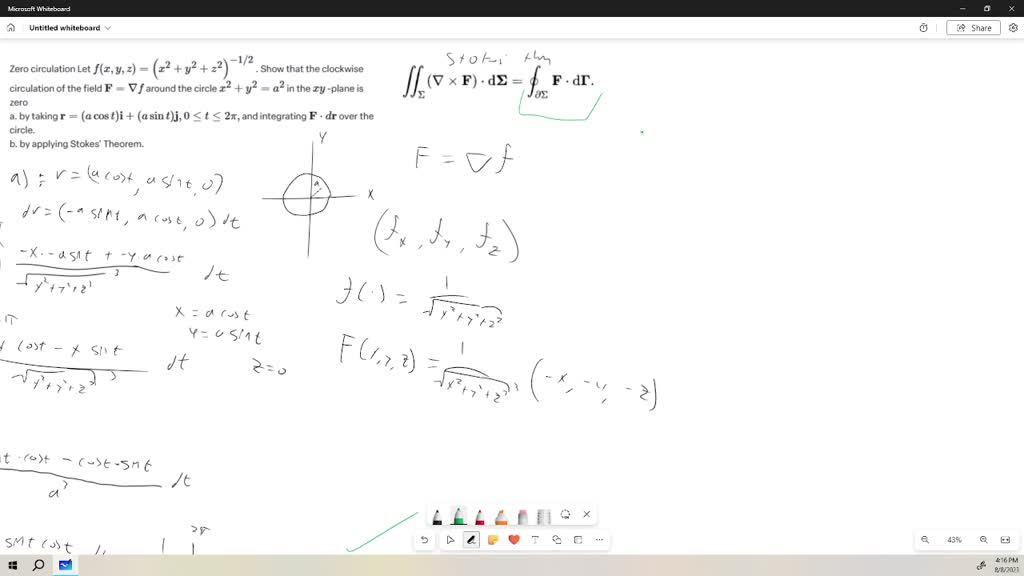Compute the net circulation integral around the circle, in the x, y ...