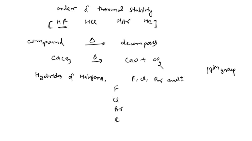 SOLVED:The correct order of the thermal stability of hydrogen halides (H-X) is (a) HCl>HF>HBr>HI ...