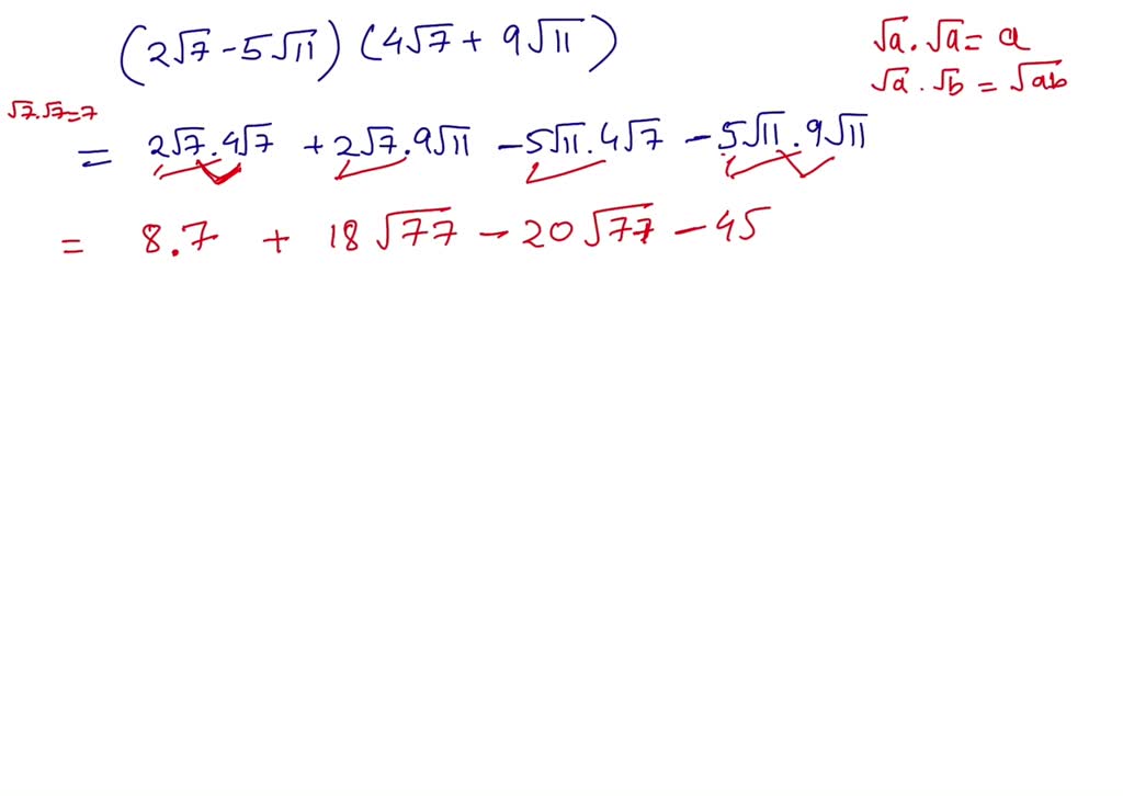 SOLVED:In the following exercises, simplify. (2 √(7)-5 √(11))(4 √(7)+9 ... SOLVED:In the following exercises, simplify. (2 √(7)-5 √(11))(4 √(7)+9 ...
