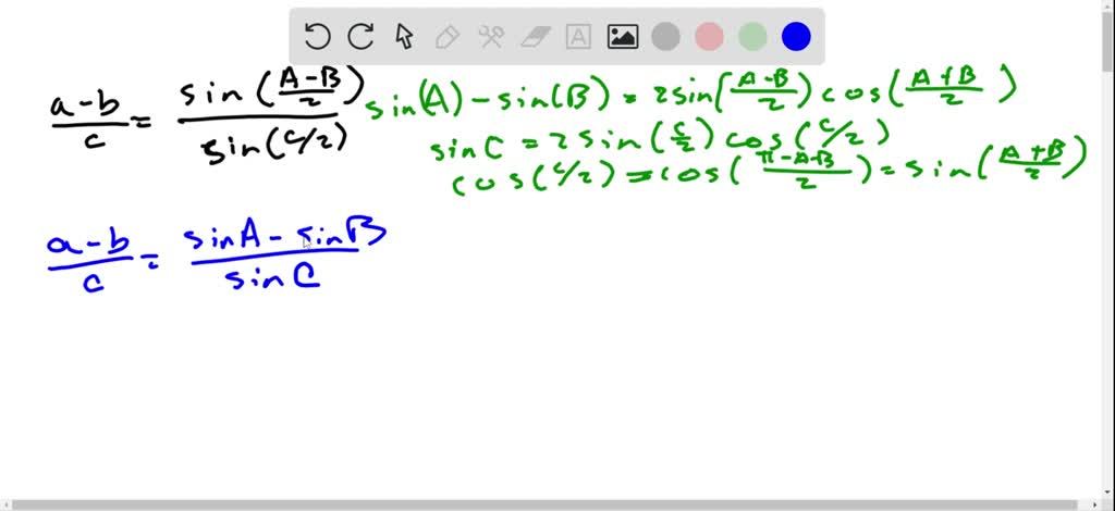 SOLVED:Another form of Mollweide's Formula is (a-b)/(c)=(sin[(1)/(2)(A ...