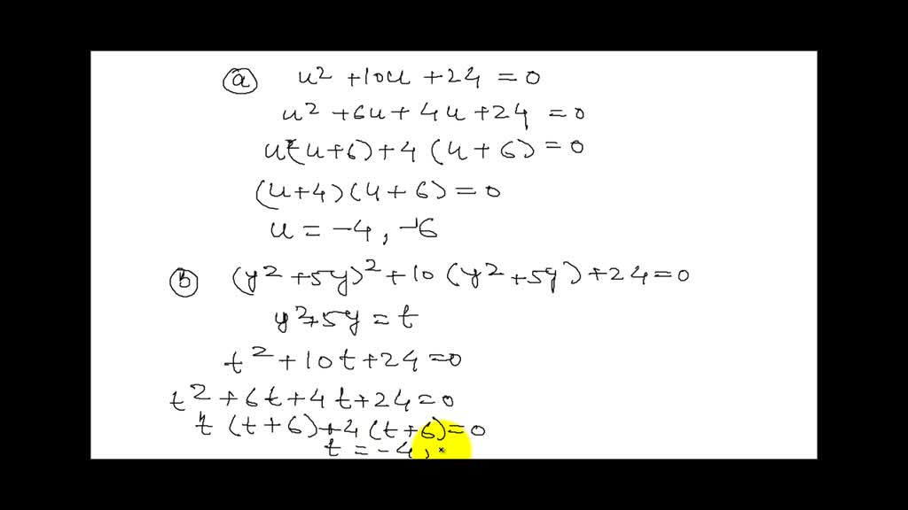 SOLVED:a. Solve the quadratic equation by factoring. u^2+10 u+24=0 b ...