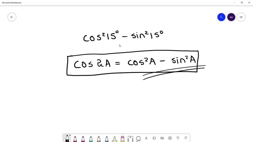 SOLVED: Simplify each expression. cos^2 15^∘-sin^2 15^∘ | Numerade