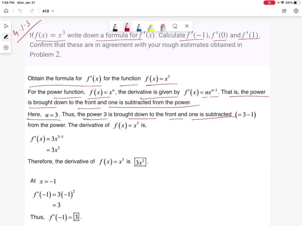 SOLVED:If f(x)=x^3 write down a formula for f^'(x). Calculate f^'(-1 ...