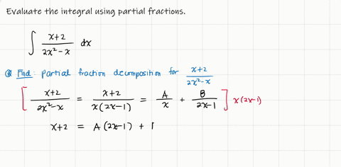 SOLVED:Use partial fractions to evaluate the given integral. ∫(x+2)/(2 x^2-x) d x