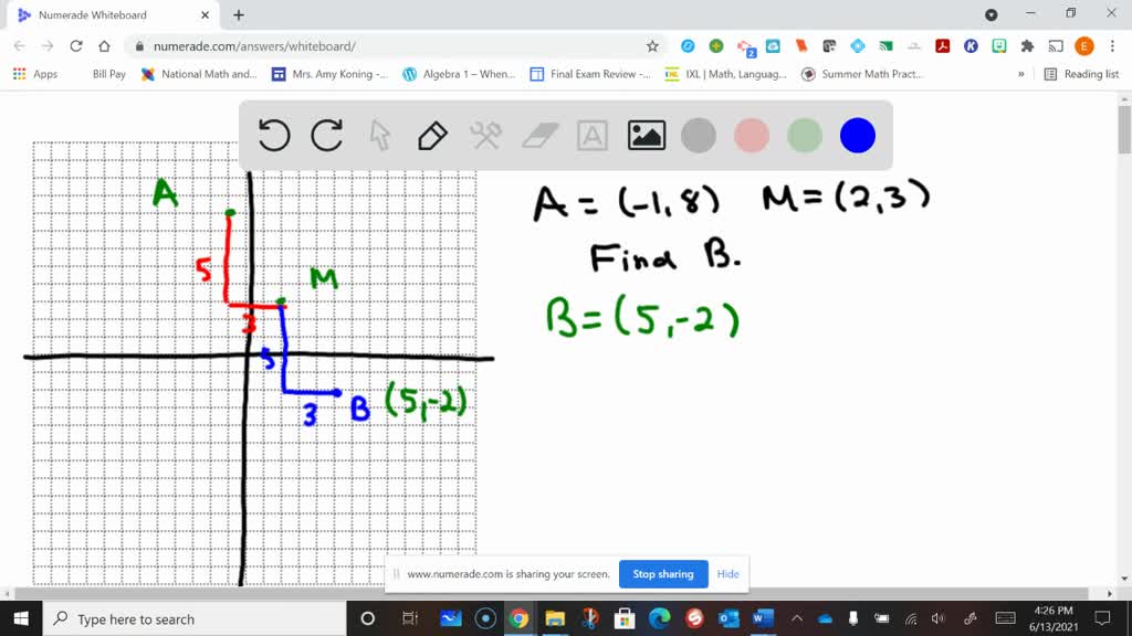 SOLVED:Completing a Line Segment Plot the points A=(-1,8) and M=(2,3) in the x y -plane. If M is ...