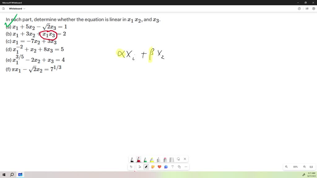SOLVED:In each part, determine whether the equation is linear in x1 x2 ... SOLVED:In each part, determine whether the equation is linear in x1 x2 ...