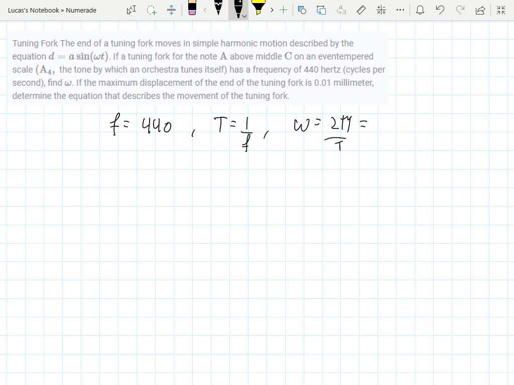 SOLVED:The end of a tuning fork moves in simple harmonic motion described by the equation d=a ...