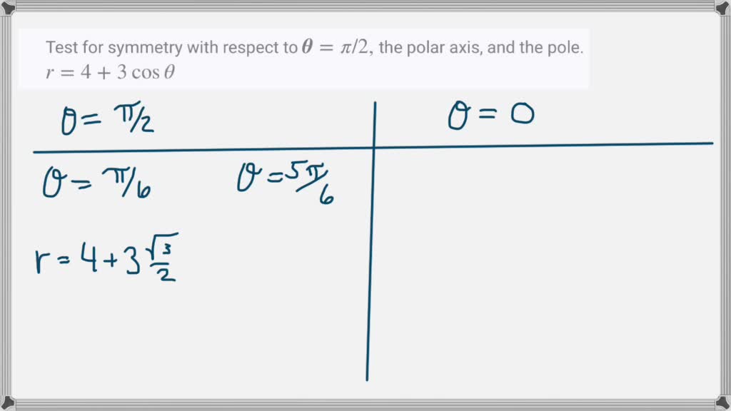 SOLVED:Test for symmetry with respect to θ=π/ 2, the polar axis, and ...