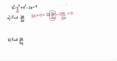 Use implicit differentiation to find ∂z/ ∂x and ∂z/ ∂y . x^2 - y^2 + z^2 - 2z = 4 | Numerade