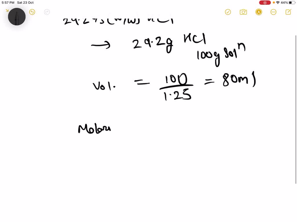 SOLVED:29.2 %(w / w) HCl stock solution has a density of 1.25 g mL^-1 ...