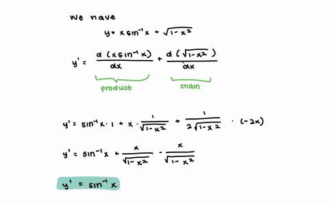 SOLVED:Find the derivative of the function. Simplify where possible. y = x sin^-1 x + √(1 -x^2)