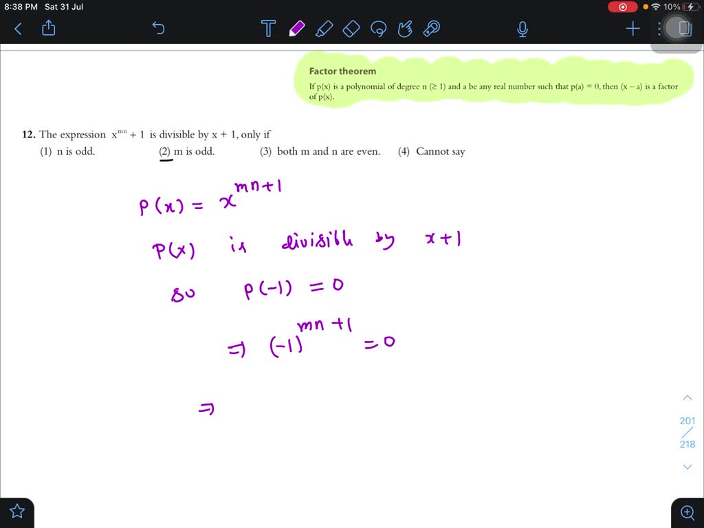 SOLVED: The expression x^ma^n-1 is divisible by x+1, only if M is (even/odd) | Numerade