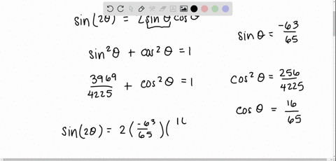 SOLVED:Find exact values for sin(2 θ), cos(2 θ), and tan(2 θ) using the information given. cosθ ...