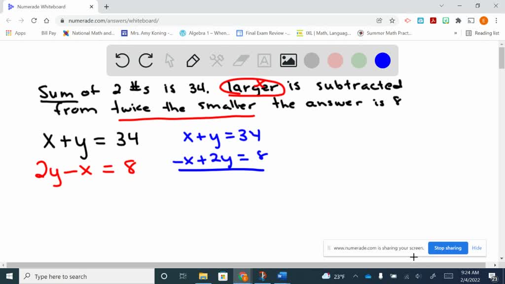 SOLVED:Set up a linear system and solve. The sum of two numbers is 34 . When the larger is ...