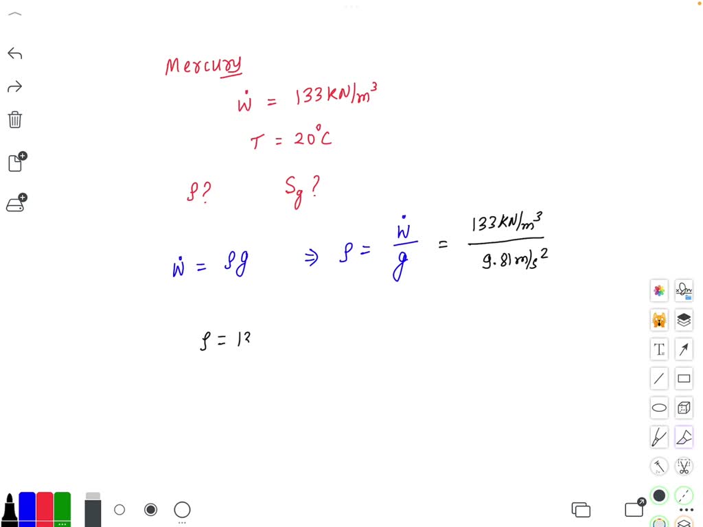 The specific gravity of mercury at 80^∘ C is 13.4 . Determine its ...