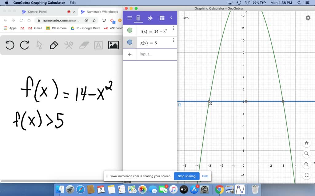 SOLVED:For f(x)=14-x^2, find all x -values for which f(x)>5.