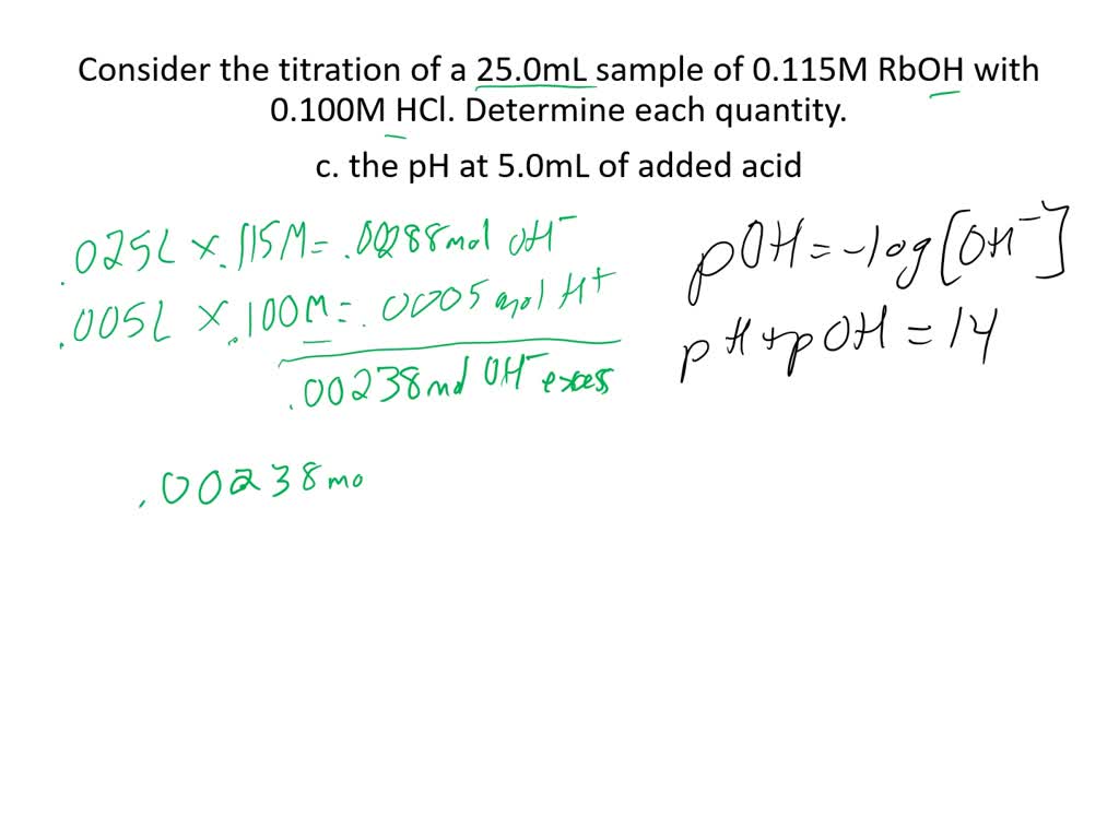 SOLVED:Consider the titration of a 25.0 mL sample of 0.115 M RbOH with 0.100 M HCl. Determine ...