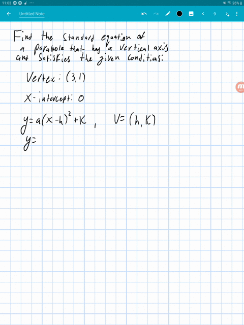 SOLVED:Find the standard equation of a parabola that has a vertical ...
