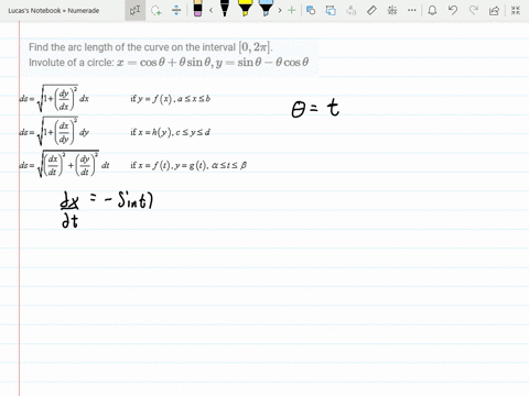 SOLVED: Find the arc length of the curve on the interval [0,2 π]. Involute of a circle: x=cosθ ...