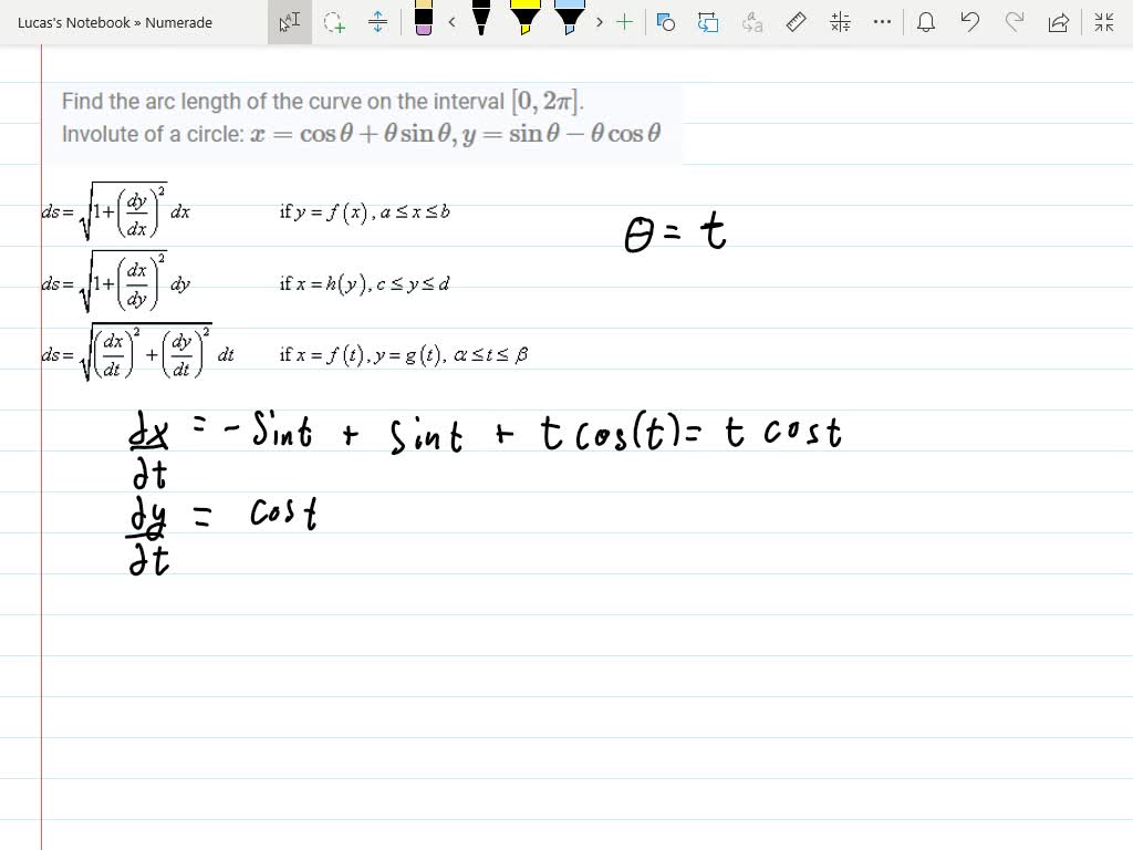 SOLVED: Find the arc length of the curve on the interval [0,2 π]. Involute of a circle: x=cosθ ...