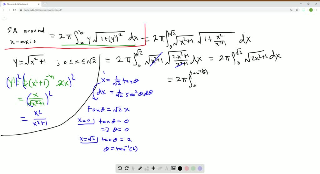 SOLVED:Surface area The curve y=√(x^2+1), 0 ≤x ≤√(2), which is part of ...