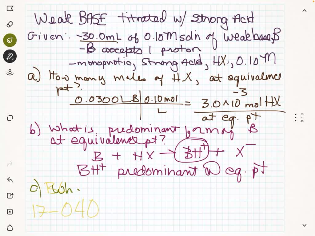 SOLVED:Assume that 30.0 mL of a 0.10 M solution of a weak base B that accepts one proton is ...