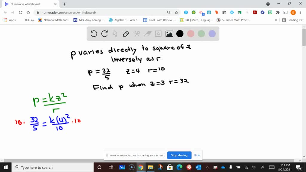 SOLVED:p varies directly as the square of z and inversely as r. p=32 / 5 when z=4 and r=10.