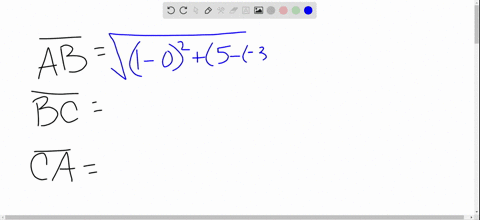SOLVED:Triangle ABC has vertices A(0,-3) B(1,5), and C(7,1). Find the length of each of its sides.