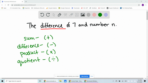 SOLVED:Consider the verbal phrase: the difference of 7 and a number n ...