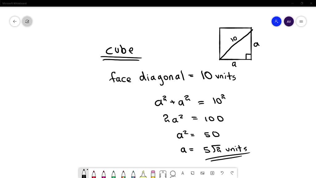 SOLVED: Find the volume of a cube in which a face diagonal is 10 . | Numerade