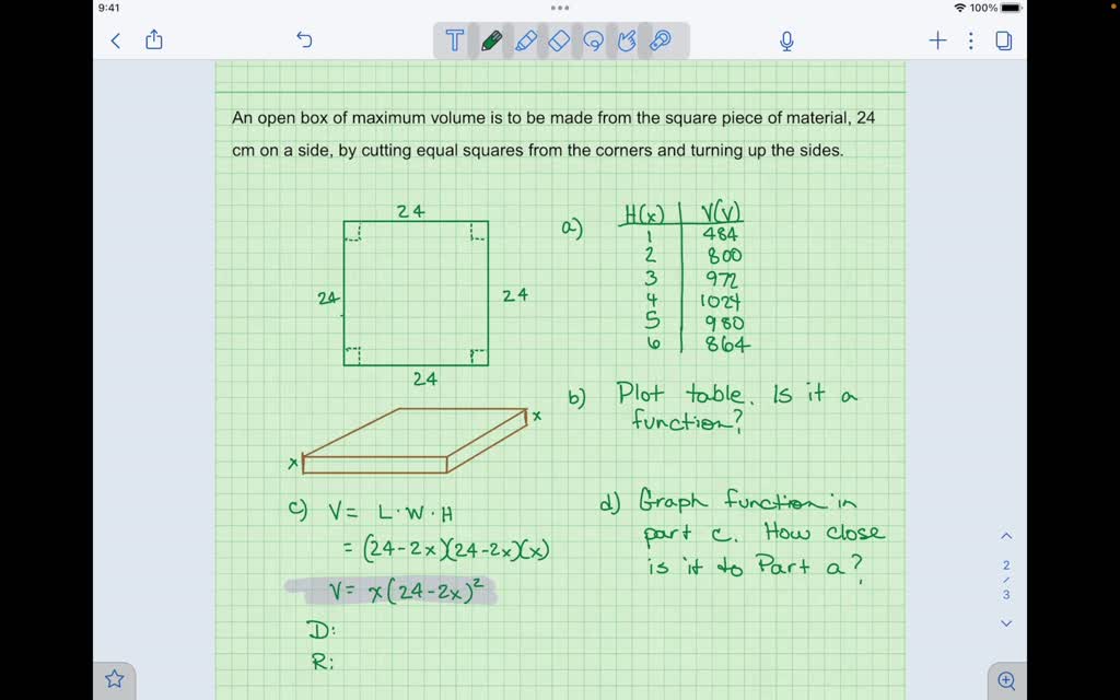 a. Tabulate the values of x and corresponding volumes for the boxes ...
