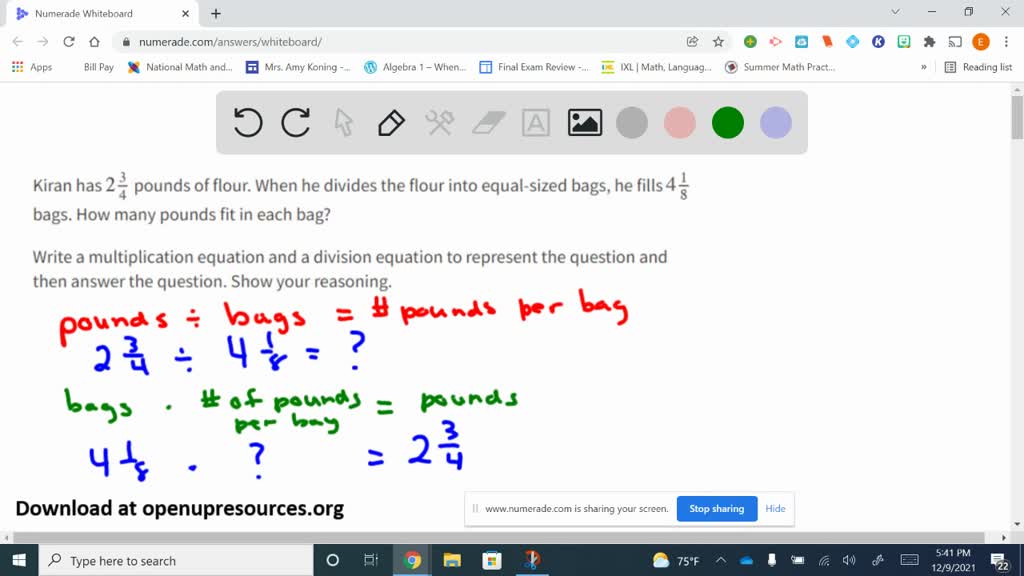 ⏩SOLVED:Kiran has 2 (3)/(4) pounds of flour. When he divides the ...
