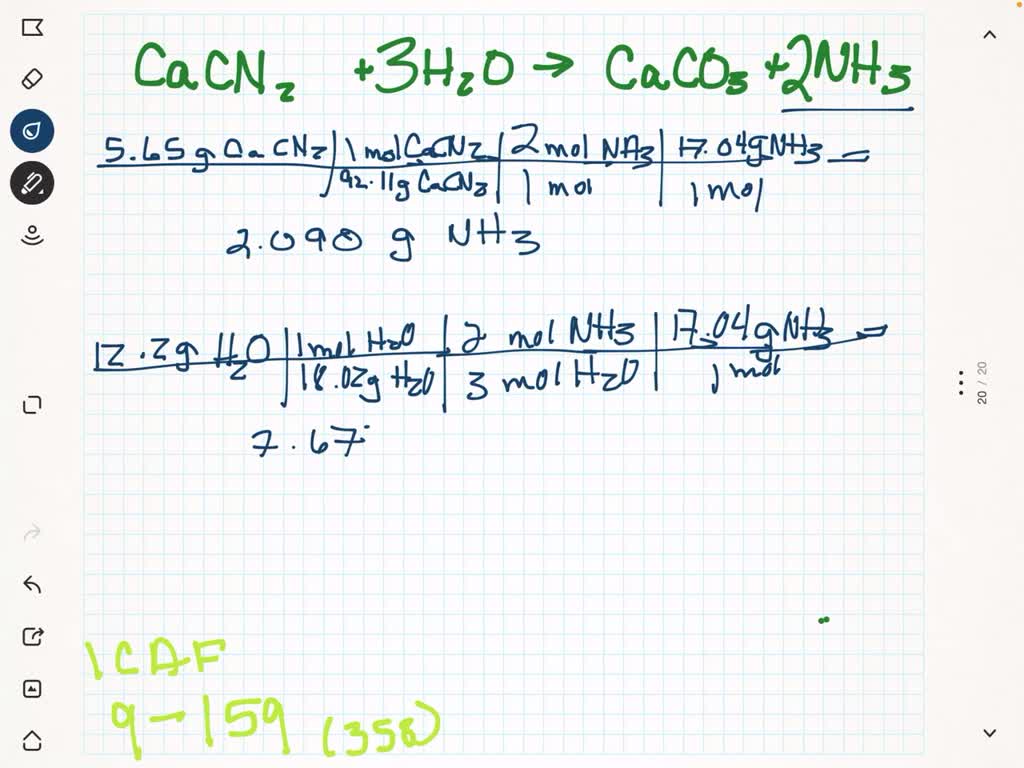SOLVED:Consider the unbalanced chemical equation CaCN2+H2 O →CaCO3+NH3 ...