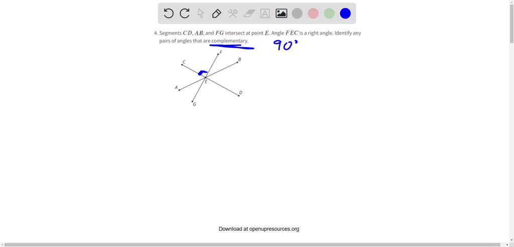 SOLVED:Segments C D, A B, and F G intersect at point E. Angle F E C is a right angle. Identify ...