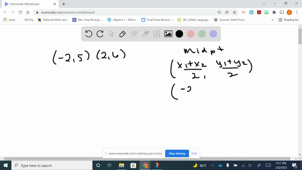 Find the midpoint of each line segment whose endpoints are given. (-2,5) ;(2,6) | Numerade