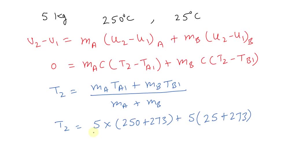 Two 5-kg blocks of steel, one at 250^∘ C and the other at 25^∘ C, come ...