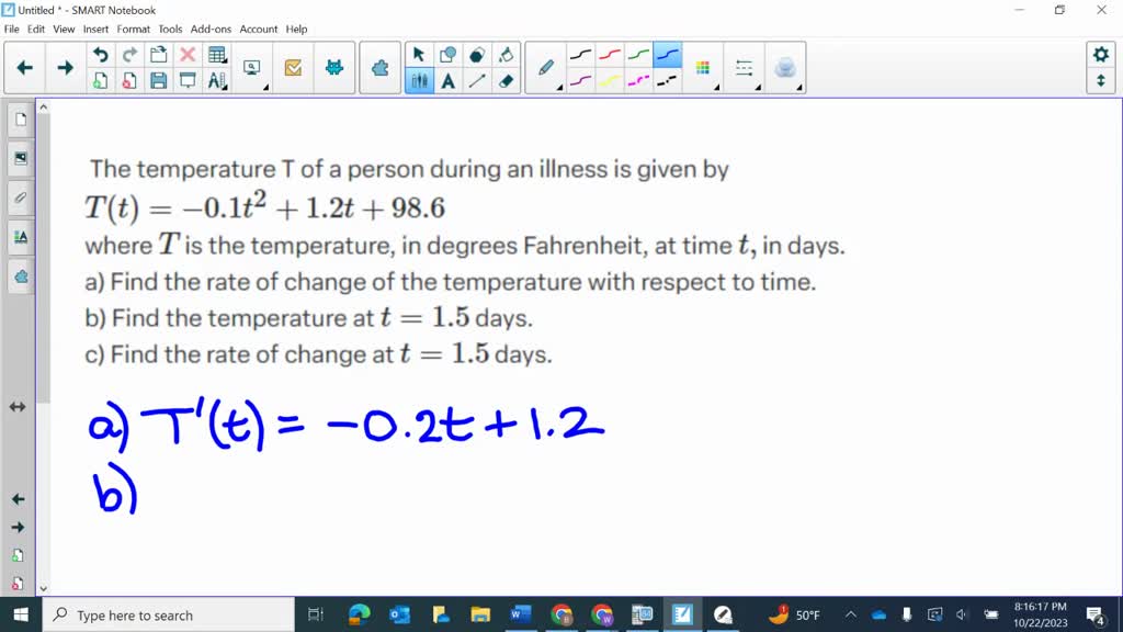 The temperature T of a person during an illness is given by T(t)=-0.1 t ...