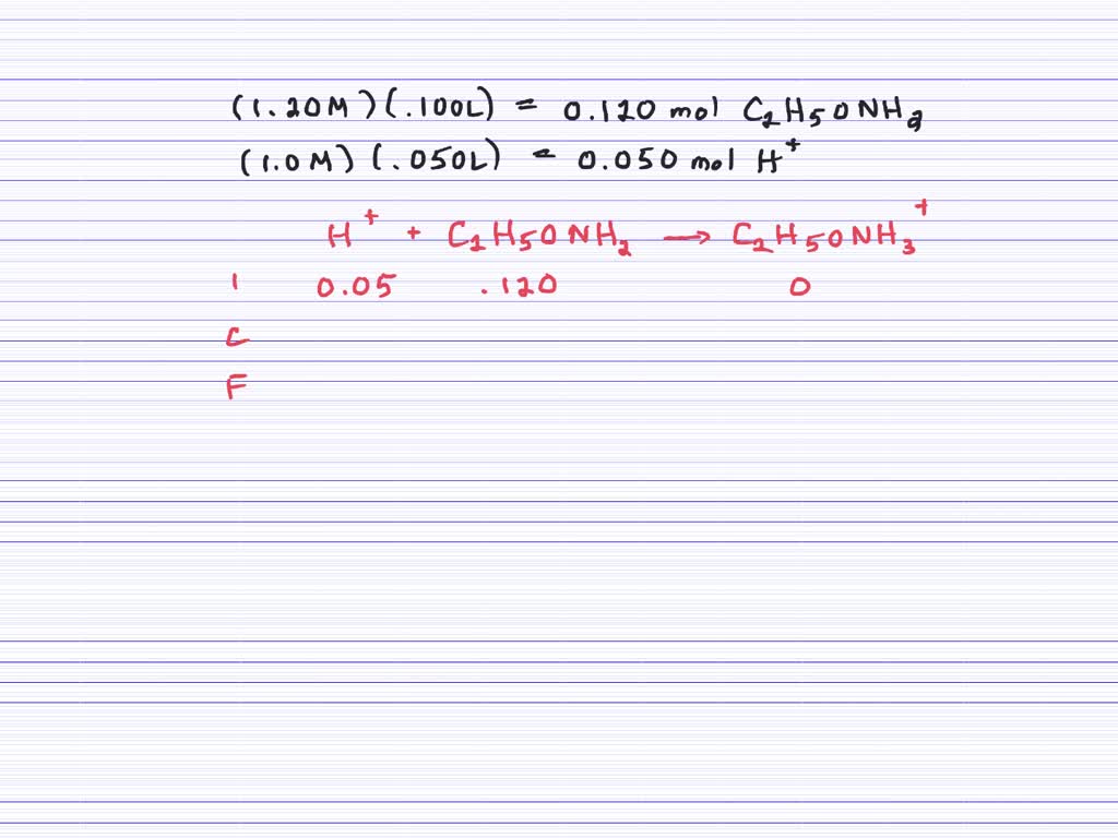 SOLVED:Calculate the pH of a solution prepared by mixing 100.0 mL of 1.20 M ethanolamine, C2 H5 ...